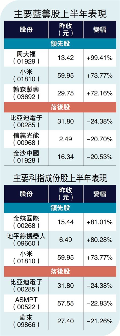 主要藍籌股上半年表現 大公報