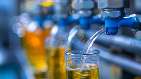 Automated System Pouring Yellow Liquid Into Beaker In Lab Stock Image