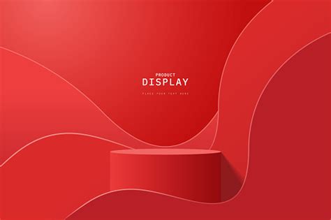 제품 전시를 위한 최소한의 벽 장면 빨간색 3d 실린더 연단 받침대는 기하학적 곡선 모양으로 사실적입니다 쇼케이스를 위한 무대 제품 홍보를 위한 디자인 3d 벡터 기하학적