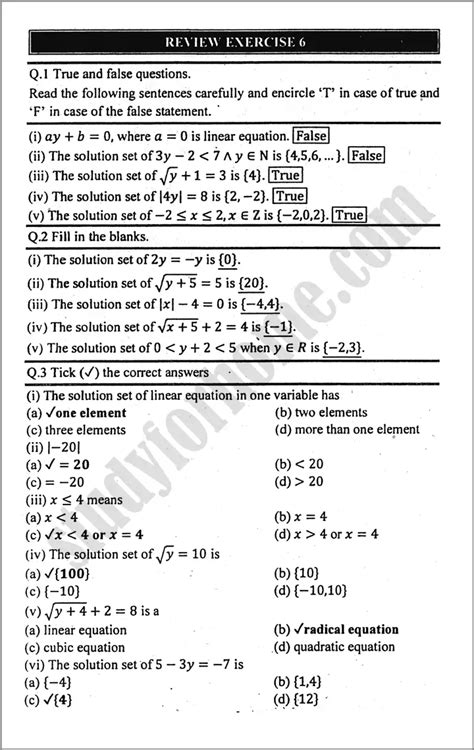 Review Exercise 6 Solved Linear Equation And Inequalities Mathematics Class 9th