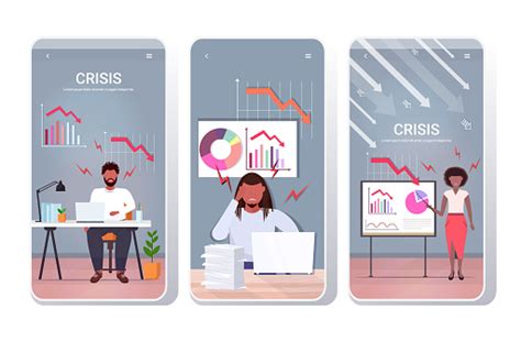 금융위기 파산 개념 스마트폰 화면 수집 모바일 앱 수평 하향 차트 분석 화가 사업가 플립차트에 대한 스톡 벡터 아트 및 기타