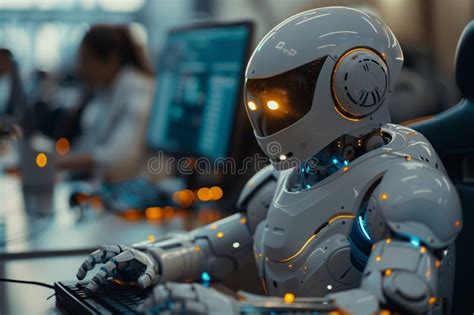 Robot Sitting In Front Of Laptop Stock Illustration Illustration Of Programming Robot 319835268