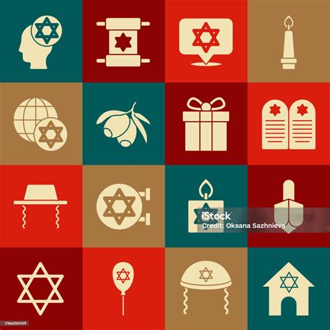 세트 유대인 회당 하누카 Dreidel 다윗의 별 스타 데이비드 올리브 지점 월드 글로브와 이스라엘 정통 유대인 모자 및 선물 상자 아이콘과 묘비 벡터 0명에 대한 스톡