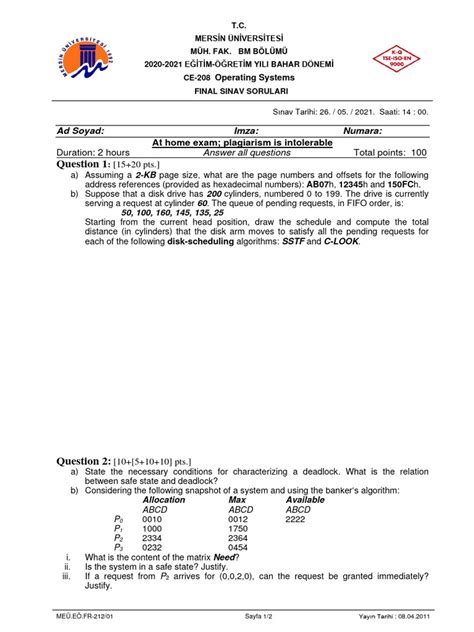Operating Systems Final Exam 2021 Pdf Scheduling Computing