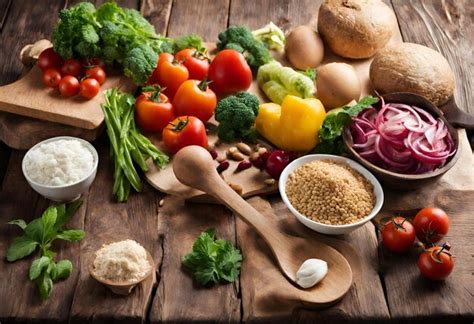 Healthy Food Ingredients On Wood Tabble In Low Angle Point Of View Premium Ai Generated Image