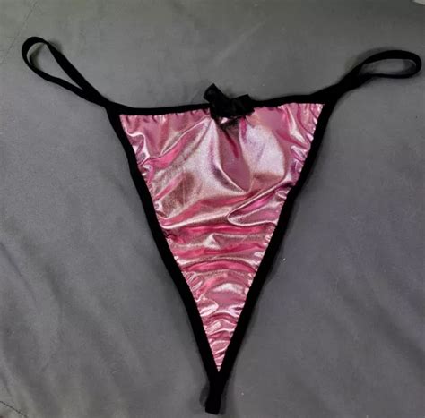 Shiny Metalilc Pink Satin G String Panties Sexy Sz 3xl Glossy Black Bow