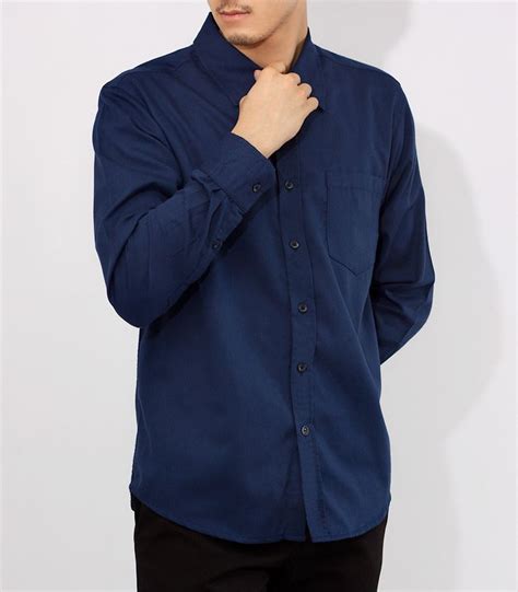 เสื้อเชิ้ตทำงานผู้ชายแขนยาว ลายทางเล็กสีน้ำเงินเข้ม Mr Maker