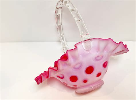 Fenton Basket Pink White Ruffled Basket Fenton Glass Handled Basket Fenton Cranberry Basket