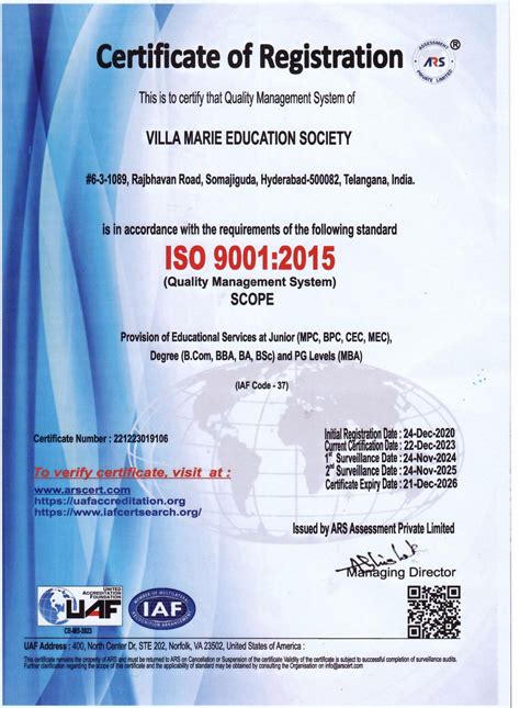 ISO Certificate Villa Marie Degree College For Women