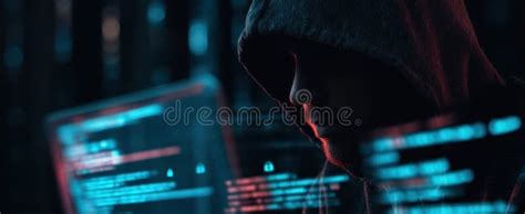 The Mysterious Hacker Working On Advanced Coding In A Dark Environmentai Generated Image Stock