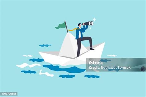 새로운 직업 기회를 찾는 탐험 미래를 볼 수 있는 쌍안경 성공에 대한 여정 방향 또는 지침을 찾는 사업가 사업가는 쌍안경을 통해 범선의 방향을 봅니다 최고 경영인에 대한