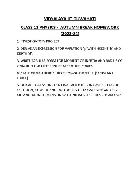 Class 11 Autumn Break Holiday Home Work 2023 24 Pdf