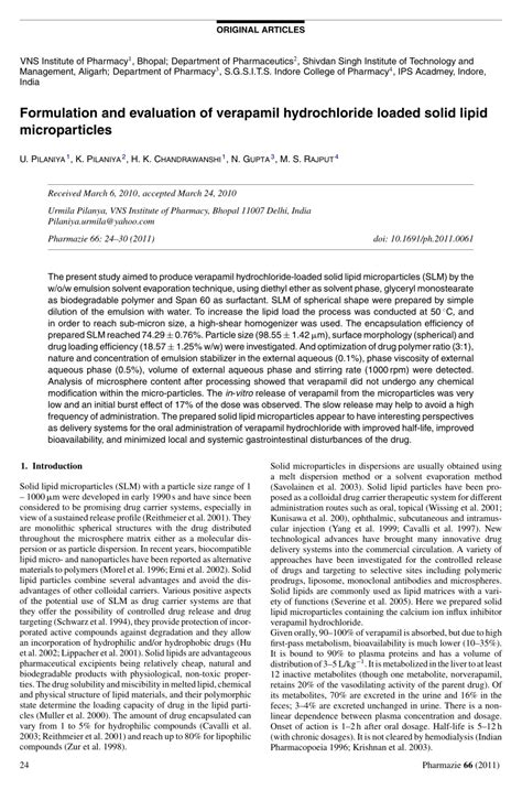 Pdf Formulation And Evaluation Of Verapamil Hydrochloride Loaded Solid Lipid Microparticles
