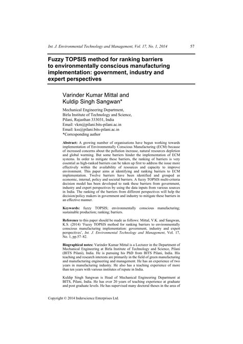 Pdf Fuzzy Topsis Method For Ranking Barriers To Environmentally Conscious Manufacturing