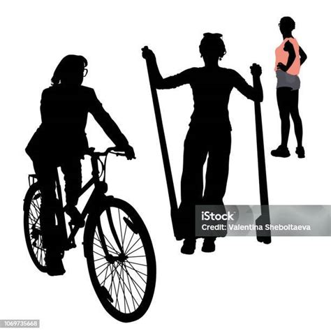 고립 된 실루엣 벡터 성인 여자는 여성용 자전거를 타고입니다 키 큰 여자 산책 그녀와 색상 스탠드에 반바지에 여자에 대 한 그녀의 손에 수상워커를 잡고 높이 서 다시 반