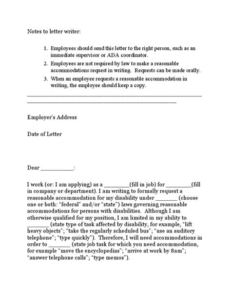 Sample Ada Accommodation Request Letter Pdf Employment