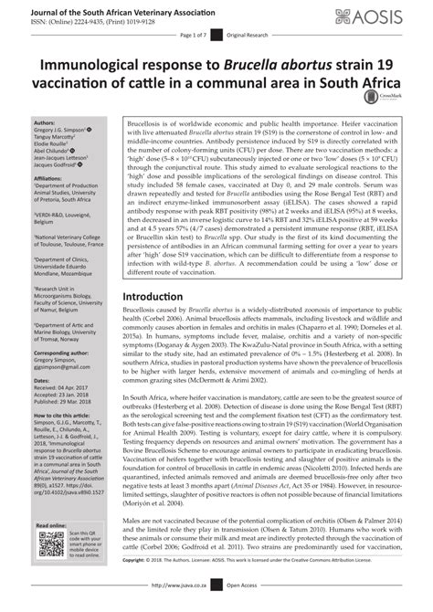 Pdf Immunological Response To Brucella Abortus Strain 19 Vaccination Of Cattle In A Communal