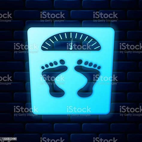 빛나는 네온 욕실 벽돌 벽 배경에 격리 된 발자국 아이콘으로 확장됩니다 무게 측정 장비 체중 계수 피트 니스 스포츠 개념 벡터 일러스트레이션 가정 생활에 대한 스톡 벡터