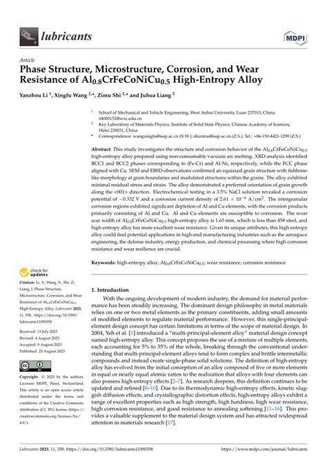 Pdf Phase Structure Microstructure Corrosion And Wear Resistance Of Al0 8crfeconicu0 5 High