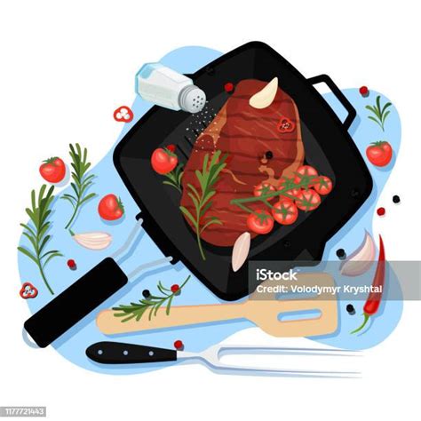 요리 쇠고기 파일 벡터 상단보기 그림 튀긴 리브아이 스테이크 돼지고기 향신료 재료가 들어있는 블랙 그릴 팬 고기에 대한 스톡 벡터 아트 및 기타 이미지 Istock