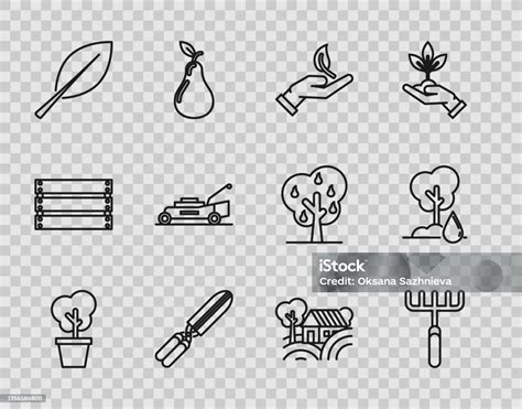 냄비에 세트 라인 나무 정원 갈퀴 환경 보호의 새싹 손 트리밍을위한 원예 수제 가위 잎 잔디 깎는 기계 농장 집 개념과 급수 아이콘 벡터 가루로 빻은에 대한 스톡 벡터 아트