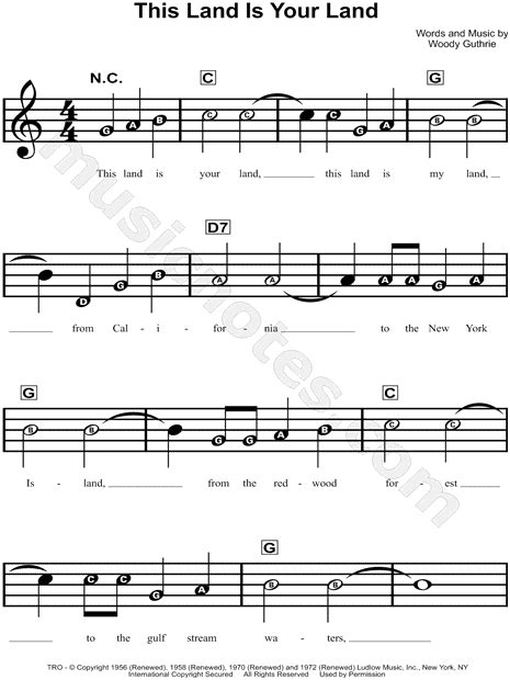 Woody Guthrie This Land Is Your Land Sheet Music For Beginners In C