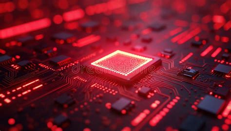 Close Up View Of Tech Circuit Board Red Glowing Lines Components Abstract Image Of Tech