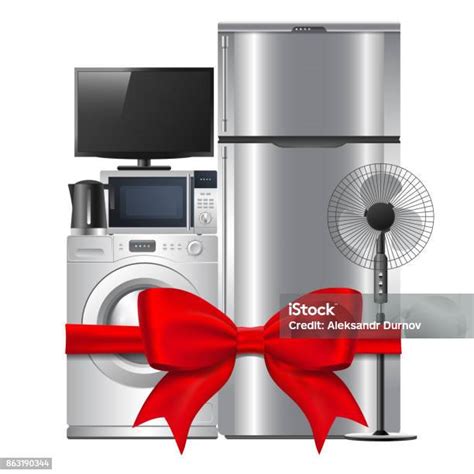 빨간 선물 리본 및 활 가전 제품의 그룹 흰색 배경에 고립 전자 제품의 판매에 대 한 적용 가능 합니다 벡터 Eps 10 가정용 장비에 대한 스톡 벡터 아트 및 기타 이미지