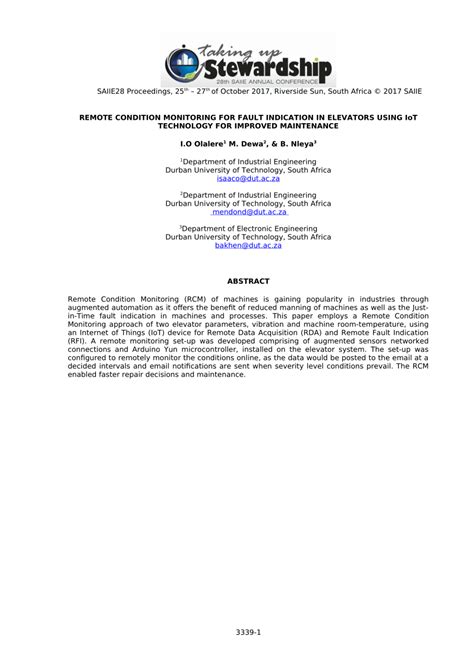 Pdf Remote Condition Monitoring For Fault Indication In Elevators Using Iot Technology For
