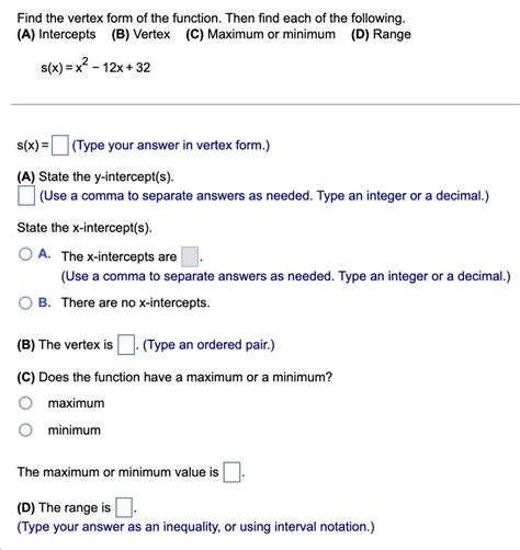 Solved Find The Vertex Form Of The Function Then Find Each Chegg