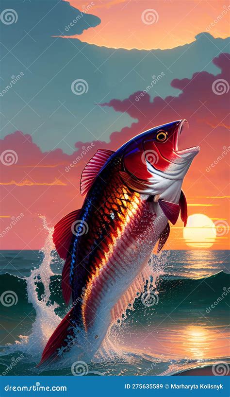 Red Drum Fish Jumps Out Of The Water At Sunset 2 Stock Illustration
