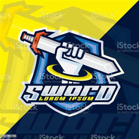 방패와 칼 배지 스포츠 로고 디자인 손 잡고 칼 일러스트 전사 엠블럼 벡터 일러스트 방패와 무기 기호 디자인 E스포츠 팀을위한 엠블럼 디자인 로고에 대한 스톡 벡터 아트 및