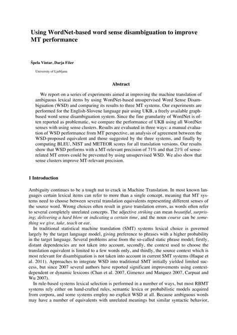 Pdf Using Wordnet Based Word Sense Disambiguation To Improve Mt Performance