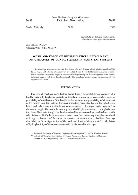 pdf work and force of bubble particle detachment as a measure of