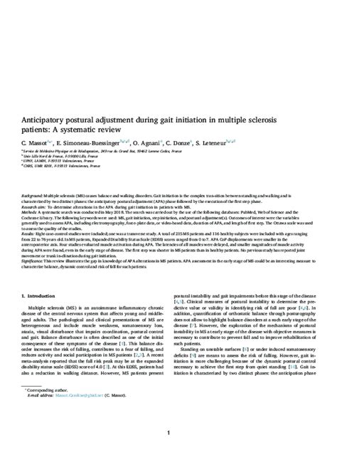 Pdf Anticipatory Postural Adjustment During Gait Initiation In Multiple Sclerosis Patients A
