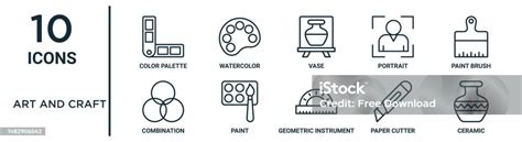 예술 및 공예 개요 아이콘 세트에는 얇은 선 색상 팔레트 꽃병 페인트 브러시 페인트 종이 커터 세라믹 보고서 프레젠테이션 다이어그램 웹 디자인 조합 아이콘이 포함됩니다 꽃