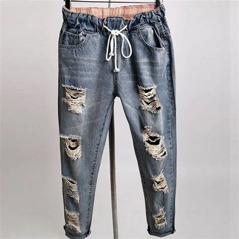 Women Jeans Hole Ripped Denim Jeans Harem Pants Fat Female Elastic Waist Hollow Out Casual Loose