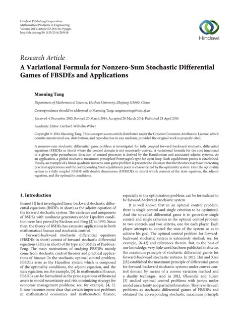 Pdf A Variational Formula For Nonzero Sum Stochastic Differential