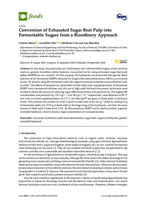 Pdf Conversion Of Exhausted Sugar Beet Pulp Into Fermentable Sugars From A Biorefinery Approach