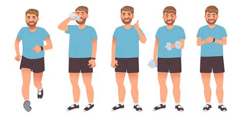 남자와 스포츠 Guy는 달리기를 하고 체육관에서 운동하고 물을 마시고 피트니스 팔찌로 건강 지표를 모니터링합니다 벡터 일러스트 레이 션 운동에 대한 스톡 벡터 아트 및 기타