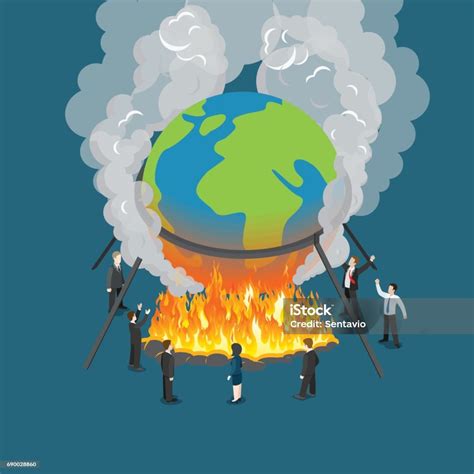 평면 아이소메트릭 정치가 및 실업가 불타는 캠프에서 세계 세계 화재 벡터 일러스트 레이 션 글로벌 파괴 3d 아이소메트리 개념입니다 구에 대한 스톡 벡터 아트 및 기타