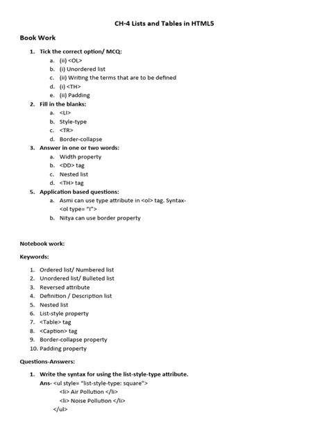 ch 4 lists and tables in html5 pdf html element tag metadata