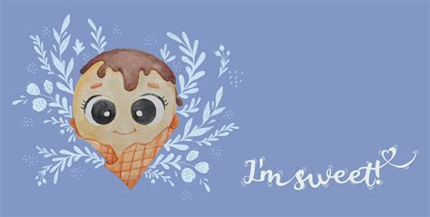 귀여운 캐릭터 꽃무늬가 있는 파란색 배경에 와플 컵에 눈을 가진 초콜릿 아이스크림 공 텍스트가있는 수평 포스터나는 달콤합니다