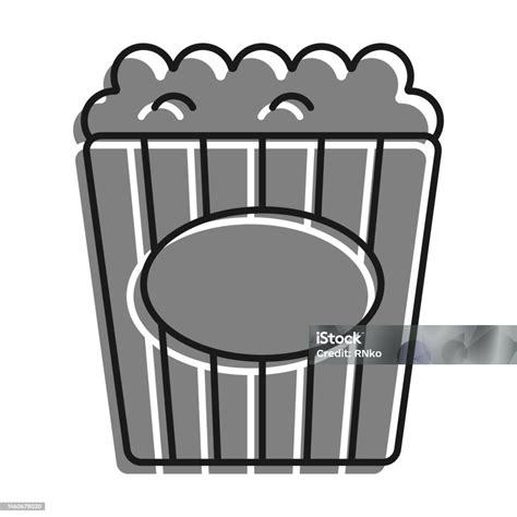 선형은 회색 아이콘으로 채워져 있습니다 팝콘 패킷 바람이 잘 통하는 디저트 양동이 영화관에서의 레저 간단한 흑백 벡터 흰색 배경에 격리 가득 찬에 대한 스톡 벡터 아트 및