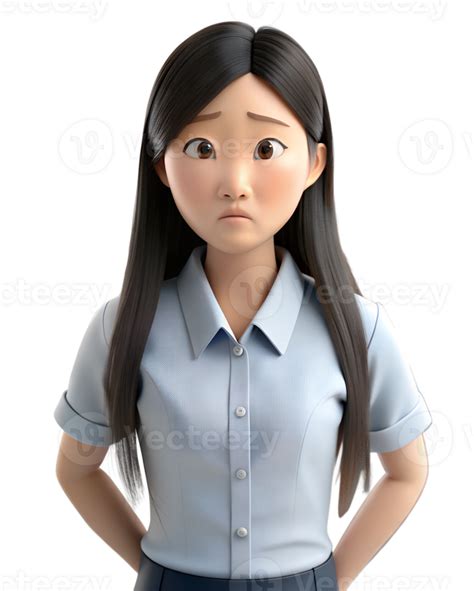3d Style Of Portrait Of Asian Businesswoman Lonnng Hair She Is Shrug
