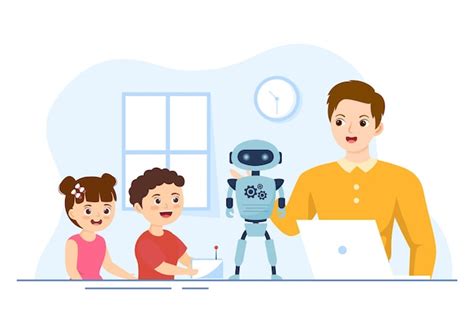 프로그래밍 및 엔지니어링 로봇에 대한 키즈 로봇 프로젝트가 포함된 로봇 학교 벡터 일러스트레이션 프리미엄 벡터