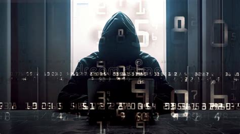Hacker In Hood Working In Dark Abstract Room Laptop Keyboard Typing With Digital Virtual Script