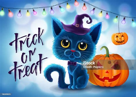 할로윈 재미있는 캐릭터 큰 눈과 빛나는 호박검은 고양이 파티 및 판매를위한 초대 카드 가을 휴일 벡터 일러스트 레이션 Eps10 10월에 대한 스톡 벡터 아트 및 기타