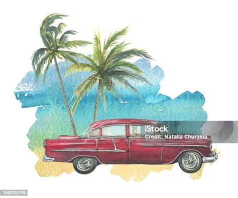 푸른 하늘을 배경으로 열대 야자수가 있는 빨간 복고풍 자동차 손으로 그린 수채화 그림 엽서 여름 해변 포스터 기념품 인쇄 스티커에 대 한 흰색 배경에 격리 된 구성 복고풍에