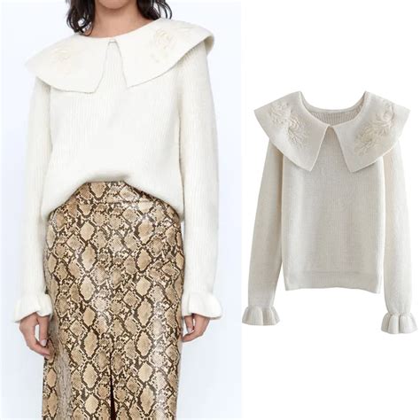 Za 2020 여성 가을 꽃 자수 스웨터 턴 다운 칼라 두꺼운 스웨터 소녀 긴 소매 캐주얼 느슨한 니트 풀오버풀오버